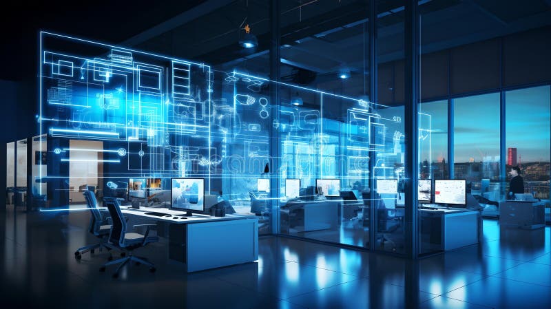 Modern Office Space with Futuristic Holographic Interface Displays ...