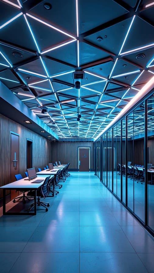 Modern Office Space with Futuristic Lighting and Glass Walls Stock ...