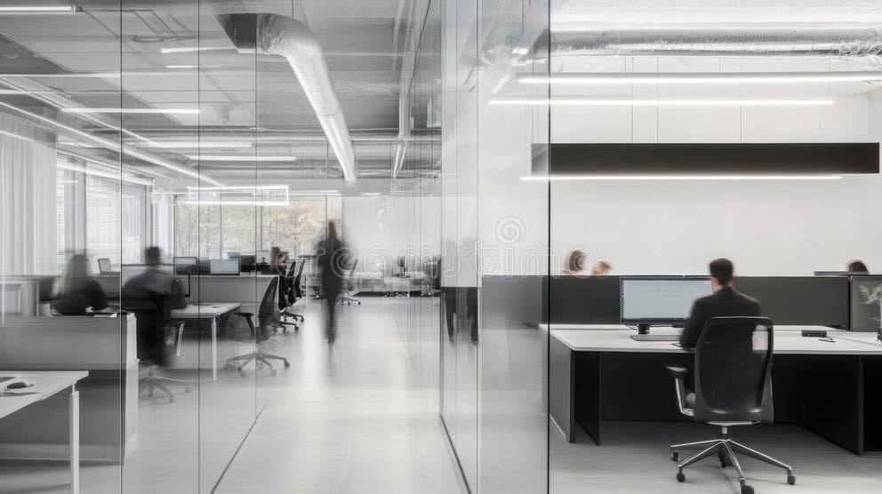 Modern Office Space with Glass Partitions and Focused Employees at ...