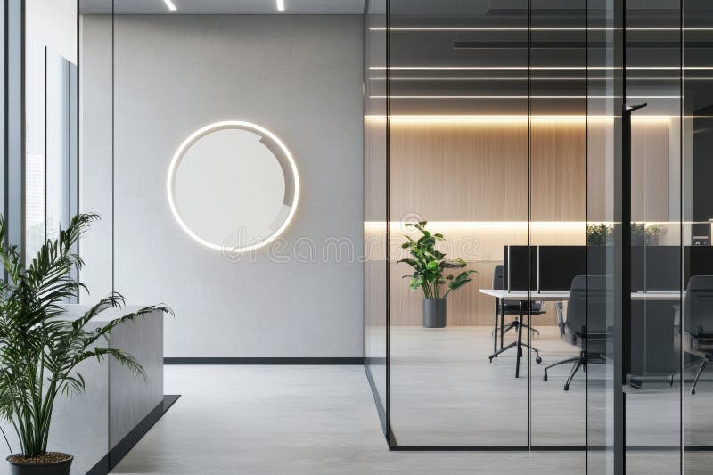 Modern Office Space with Glass Walls, Circular Mirror, Plants, and ...