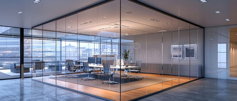 Modern Office Space with Glass Walls Featuring a Spacious Interior ...