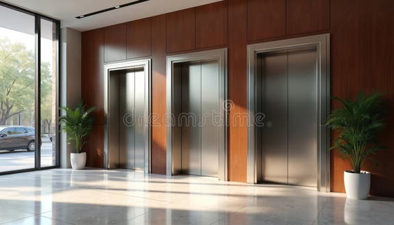 Modern Office Space with Gray Color Scheme. Three Glass Elevators in ...