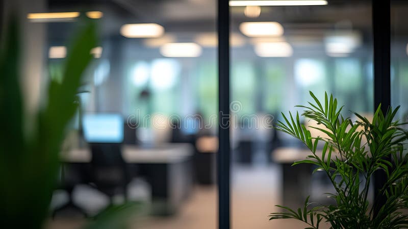 Modern Office Space with Green Plant and Blurred Workstations in ...