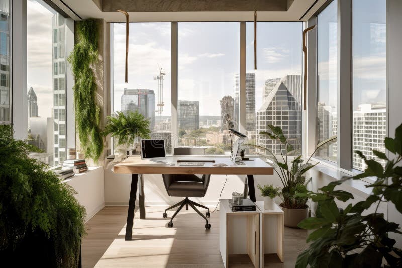 Modern Office Space with Greenery and a View of the Cityscape Stock ...