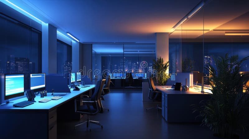 Modern Office Space Illuminated by Glowing Computer Screens and Digital ...
