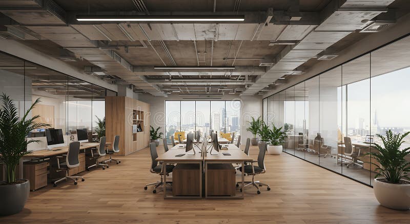 Modern Office Space Interior with Desks and City View Stock ...