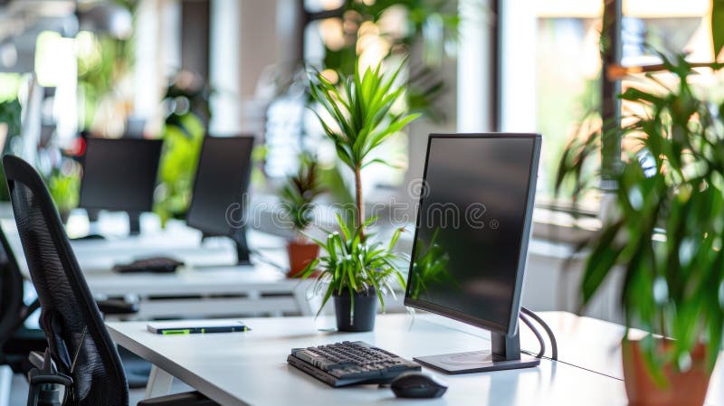 Modern Office Space Interior with Green Plants, Desks and Computers ...