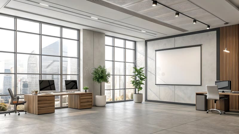 Modern Office Space Interior with Large Windows and Blank Projector ...