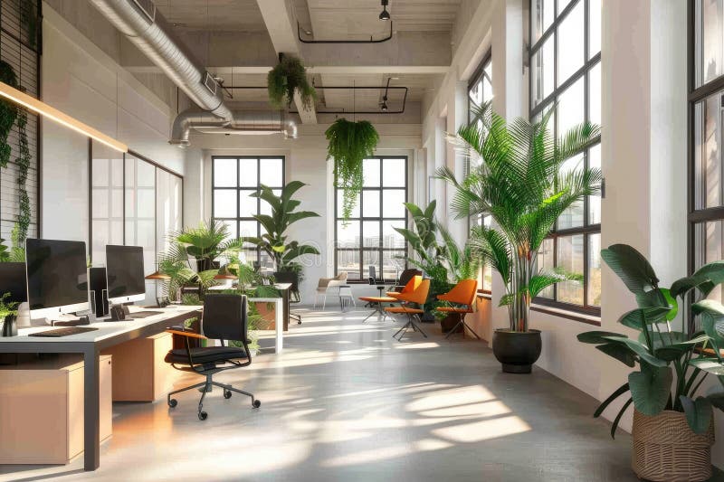 Modern Office Space Interior with Orange Chairs and White Tables, 3D ...