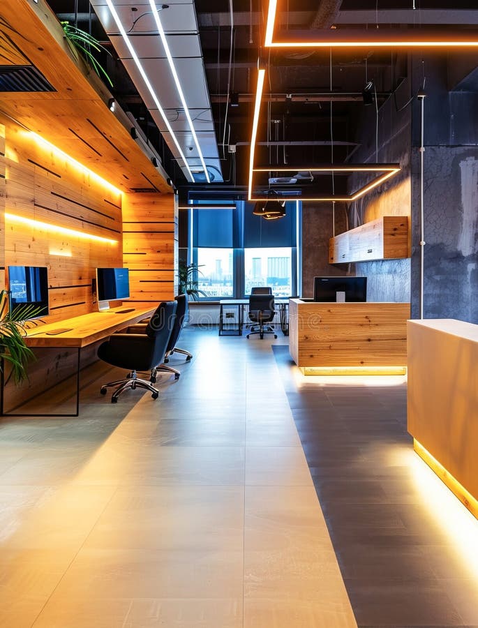 Modern Office Space Interior with Warm Lighting and Open Workstations ...