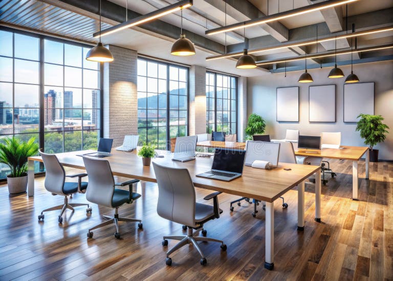 Modern Office Space with Laptops, Whiteboards, and Empty Chairs, Set ...
