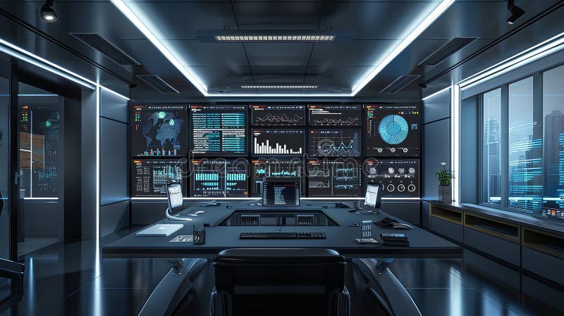 A Modern Office Space with a Large Desk and Multiple Screens Displaying Data Visualizations and ...