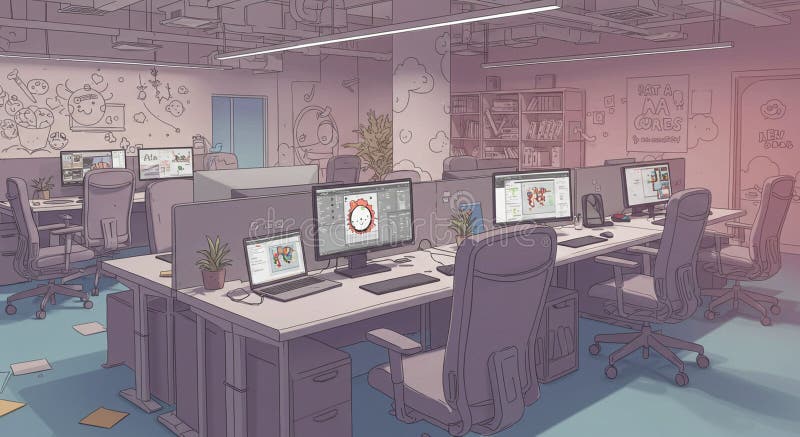 Modern Office Space with Large Desks Aligned in Rows, Each Equipped ...