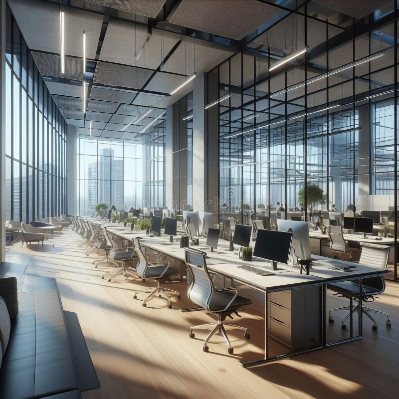 Modern Office Space with Large Windows and Desks Stock Image - Image of ...