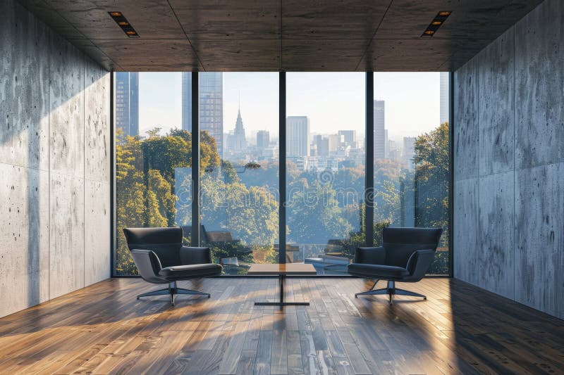 Modern Office Space with Large Windows Overlooking City Skyline Stock ...