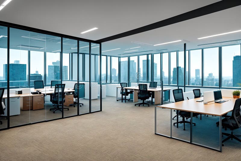A Modern Office Space with Large Windows Overlooking the City Skyline ...