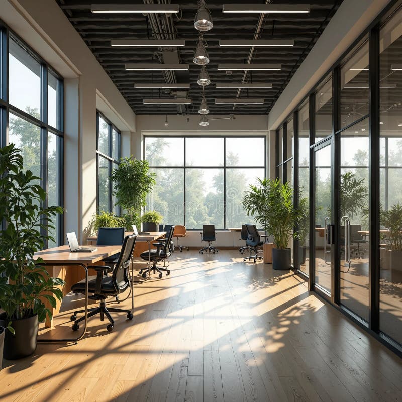 Modern Office Space with Large Windows and Plants Adding Natural ...