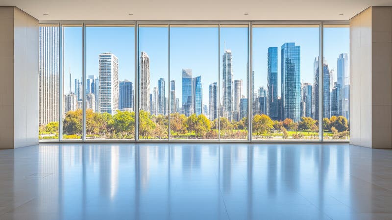 Modern Office Space with Large Windows Showcasing a City Skyline and ...