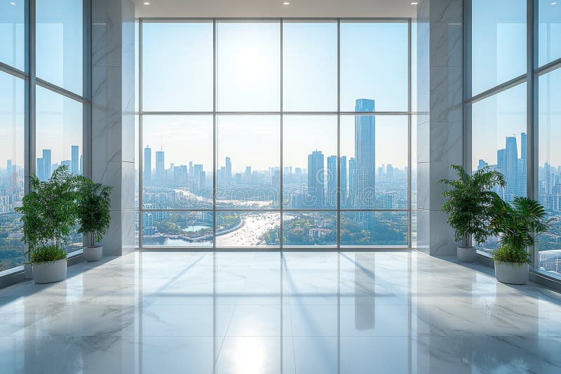 Modern Office Interior Large Windows City Skyline View Daylight Hours ...