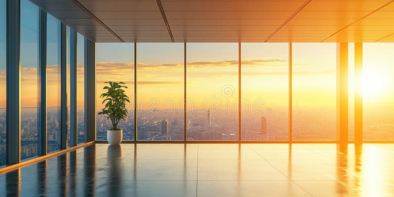 A Modern Office Space with Large Windows Showcasing a Sunset View Over ...