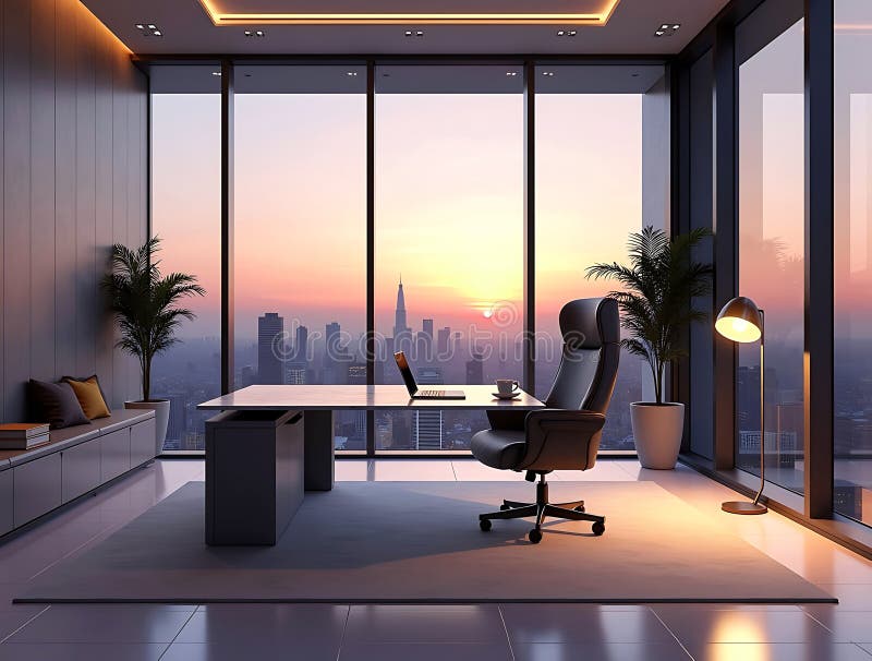 Modern Office Space with Large Windows and Sunset View Stock ...