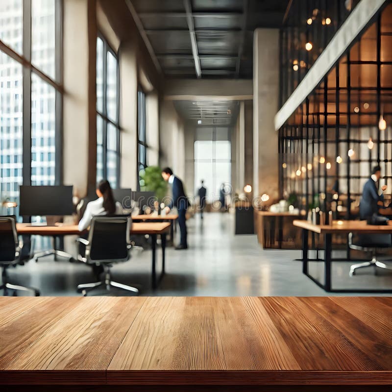 A Modern Office Space with Large Windows, Wooden Desks, and People ...