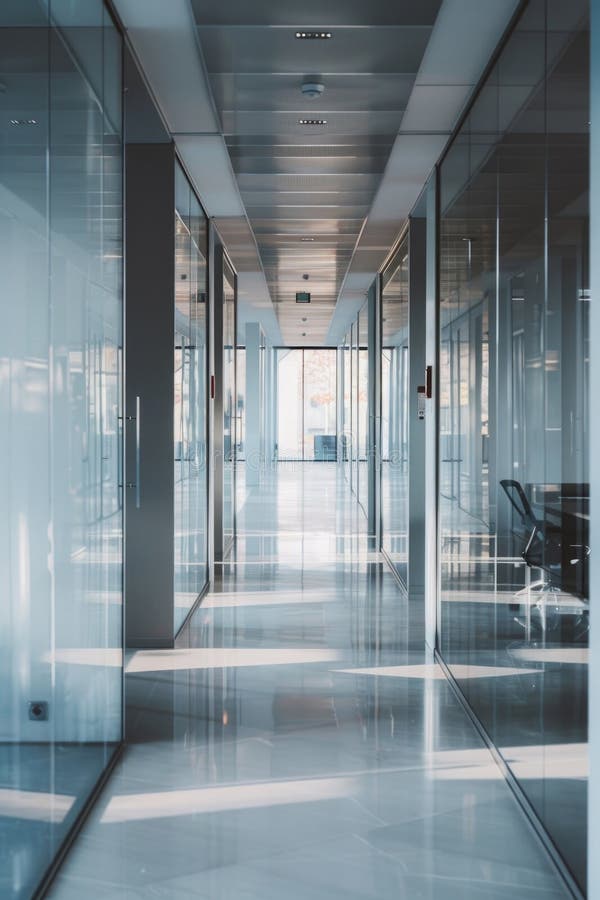 A Modern Office Space with a Long Hallway Featuring Glass Walls and ...