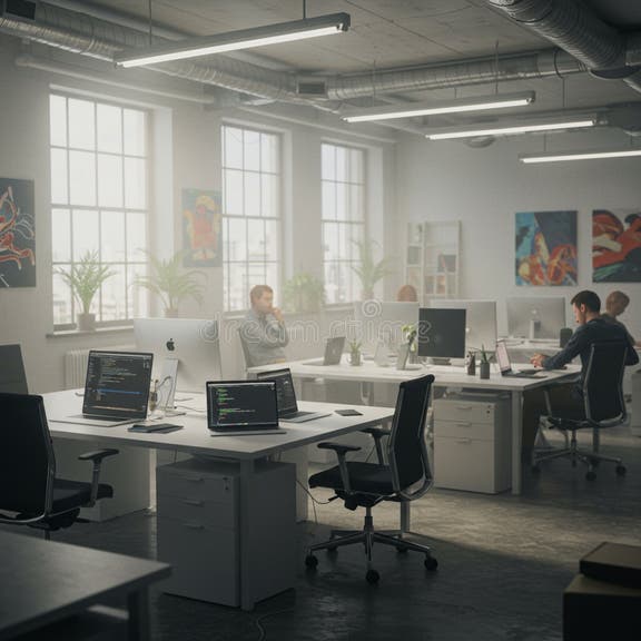 Modern Office Space with Multiple Desks Equipped with Computers ...