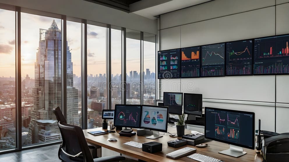 Modern Office Space with Multiple Monitors Displays Data Analytics and ...