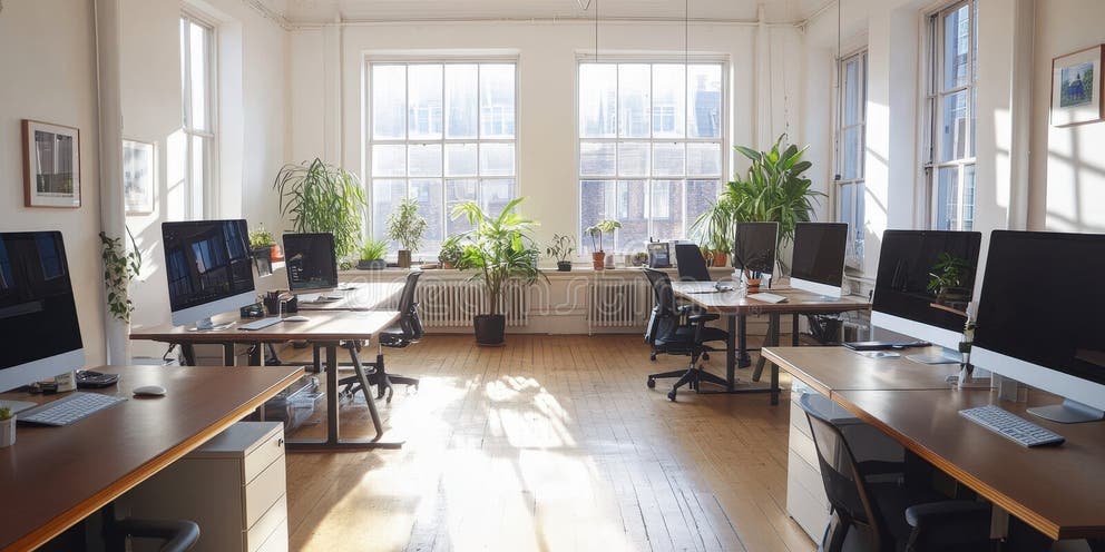 Brightly Lit Modern Office Space with Multiple Workstations and Windows ...