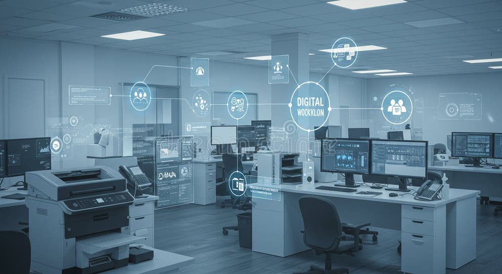 Modern Office Space with Multiple Workstations Featuring Computers and Office Stock Illustration ...