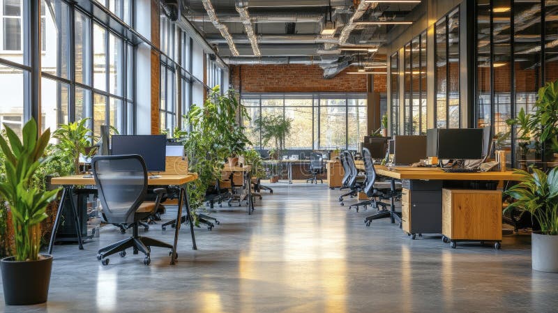 Modern Office Space with Numerous Workstations and Greenery Stock ...