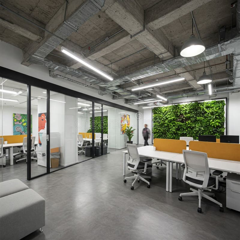 A Modern Office Space with an Open Floor Plan, Minimalist Workstations ...