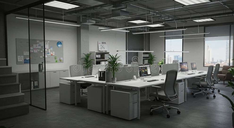 Modern Office Space with an Open Layout Featuring Several White Desks ...