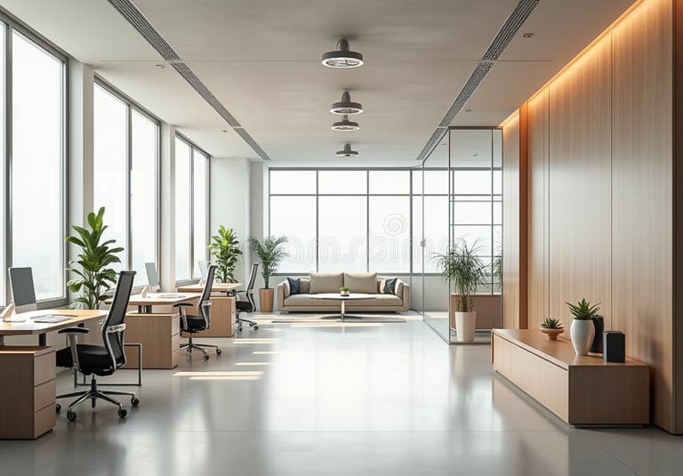 A Bright and Spacious Office Interior with Multiple Workstations and ...