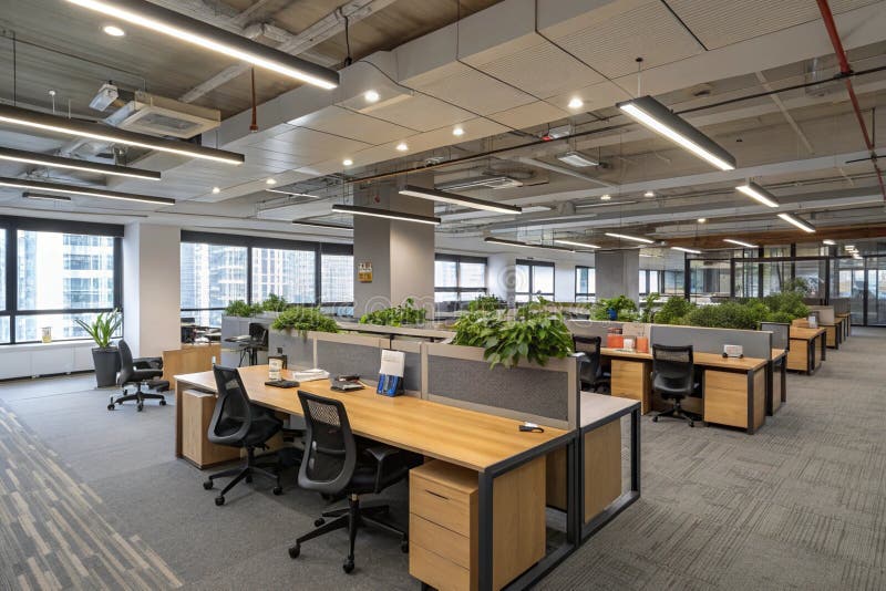 Contemporary Office Space with Open-plan Layout and Wooden Desks Stock ...