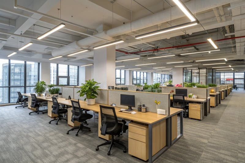 Contemporary Office Space with Open-plan Layout and Wooden Desks Stock ...