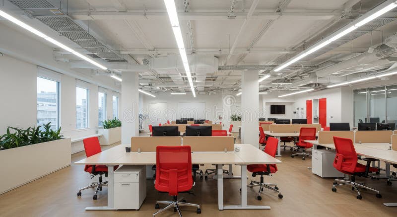 Modern Office Space, Open Plan, White Ceiling, Fluorescent Lighting ...