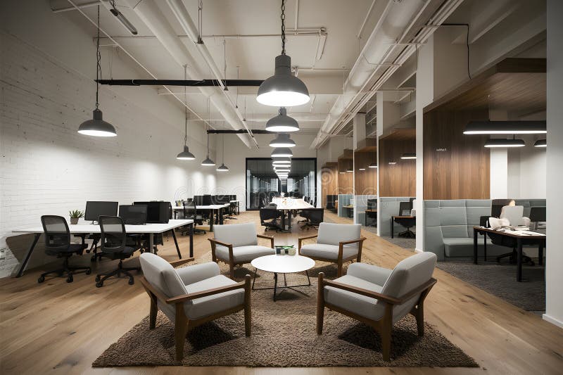Modern Office Space with Open Workstations, Lounge Seating, Hanging ...
