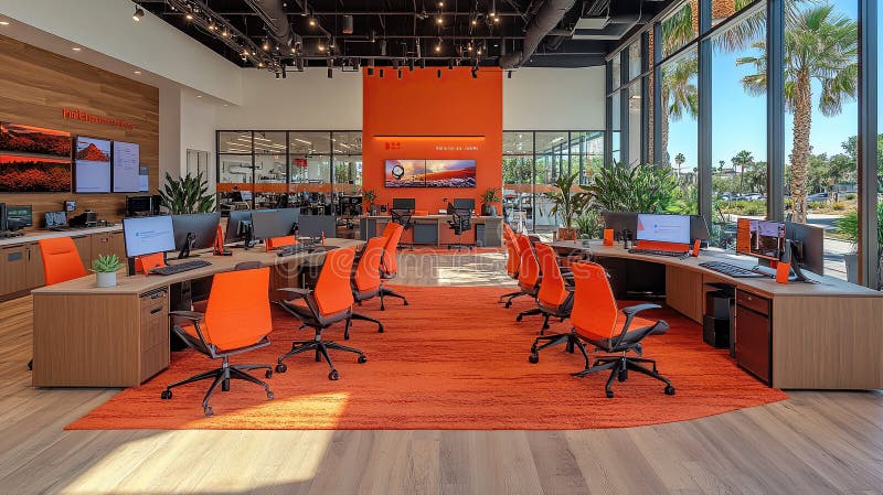 Modern Office Space with Orange Accents, Multiple Workstations, and Large Windows Overlooking an ...
