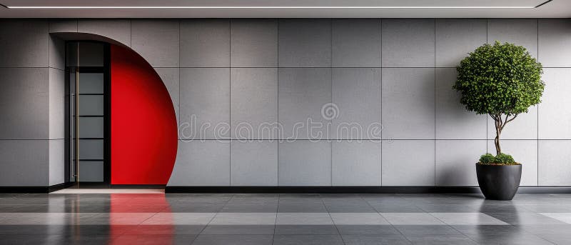 A Modern Office Space with a Red Accent Wall and a Potted Plant. Stock ...