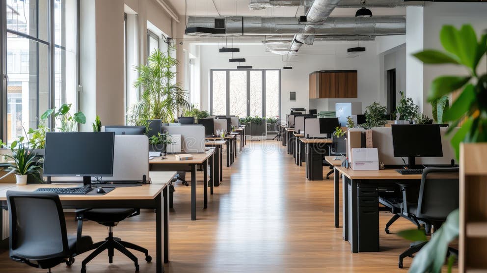 Modern Office Space with Rows of Computer Workstations Stock ...