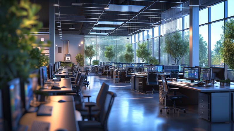 Modern Office Space with Rows of Desks and Large Windows Stock ...