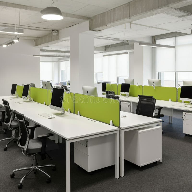 Modern Office Space with Rows of White Desks and Green Privacy Dividers ...
