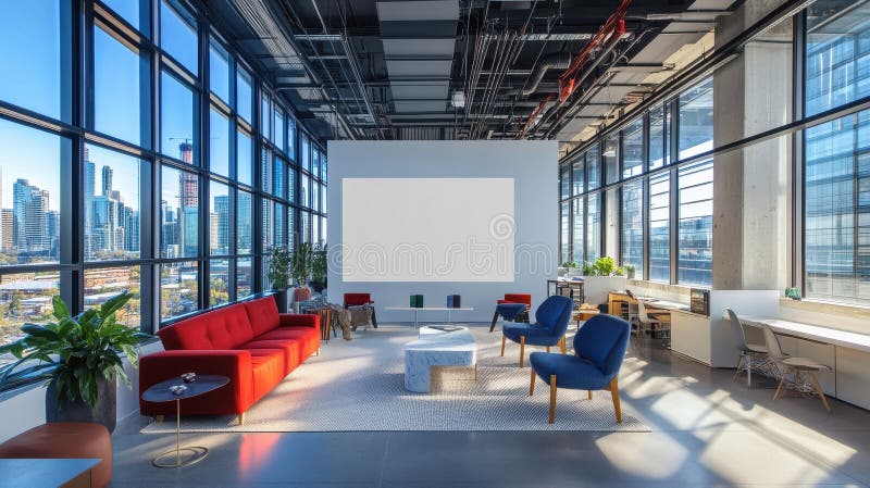 Modern Office Space with Seating, Large Windows, and a Projector Screen ...