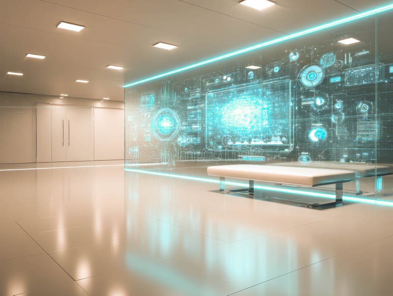 Modern Office Space Showcasing Digital Screen with Abstract Data ...