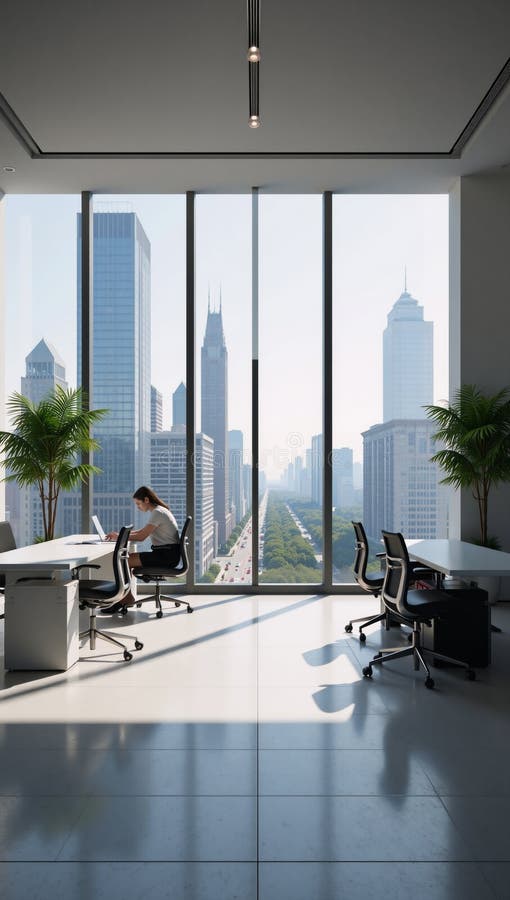 Modern Office Space Showcasing Expansive City Views through Large ...