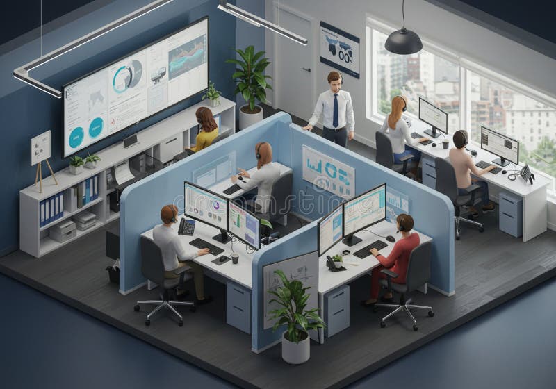 Modern Office Space with Six People Working at Desks Equipped with ...