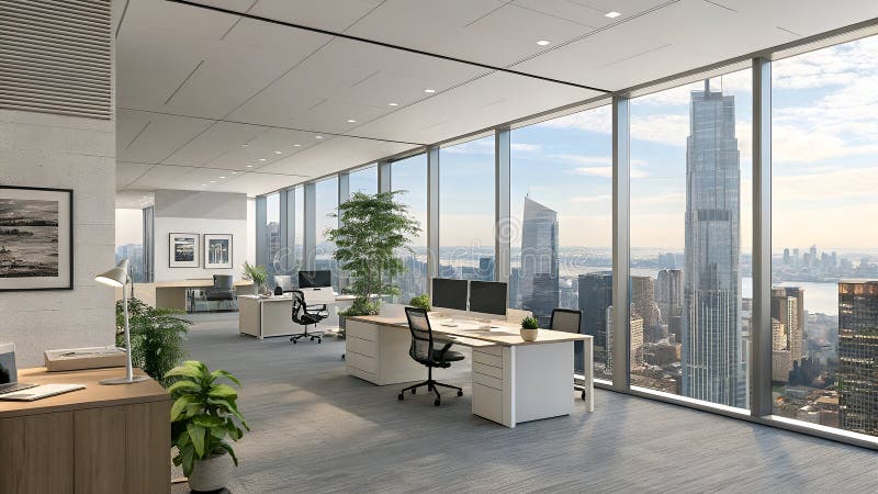 Skyscraper Office Interior with Panoramic City View Stock Illustration ...