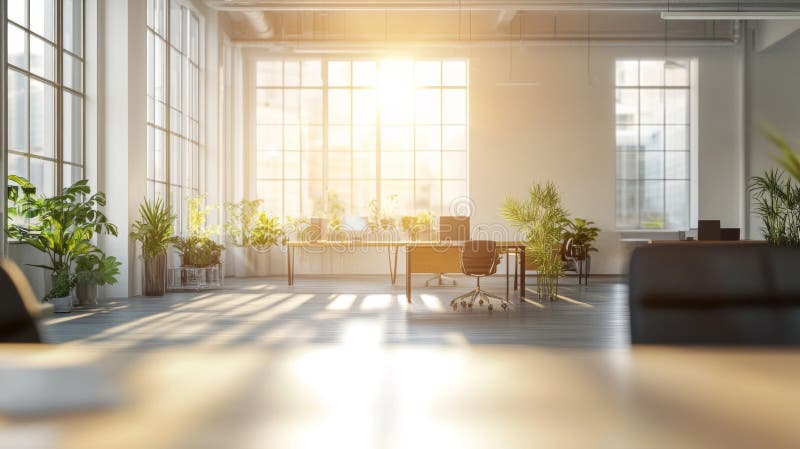 Modern Office Space with Sunlight Streaming through Large Windows Stock ...